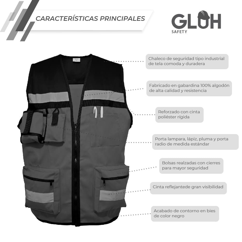 GLUH Internacional | Chaleco Seguridad de Gabardina 100% Algodón "Bicolor" Gris